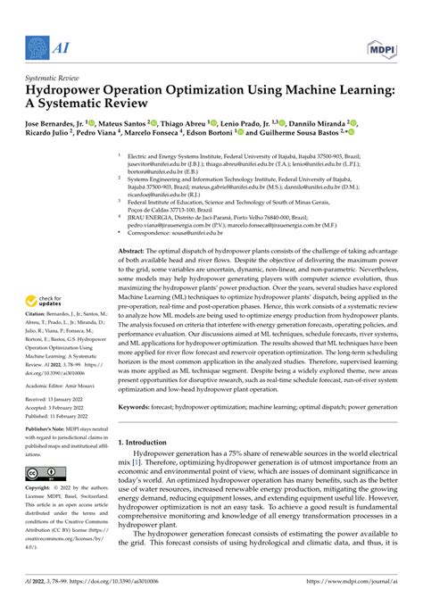 PDF Hydropower Operation Optimization Using Machine Learning A Systematic Review