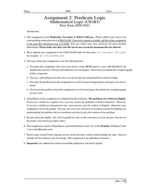 Assignment 2 Predicate Logic Mathematical Logic Cii1b3 Pdf