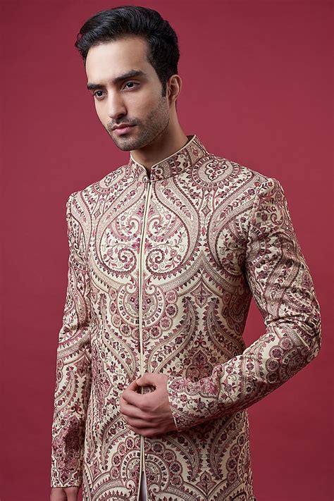 Buy Kasbah Clothing Beige Georgette Embroidered Sherwani At Pernia