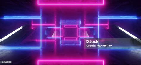 네온 조명 배경 보라색 블루 역동적 인 레이저 무대 쇼 지 하 차고 홀 터널 복도 시멘트 콘크리트 그 그런 지 반사 어두운 빈 추상 공간 선박 3d 렌더링 0명에 대한 스톡