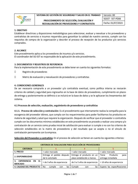 Procedimiento De SelecciÓn Y EvaluaciÓn De Proveedores Y Contratistas