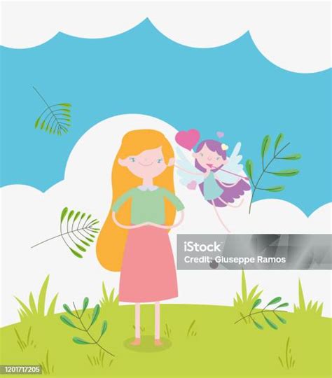 행복 한 발렌타인 데이 화살표 마음과 젊은 여자 초원 단풍 장면으로 큐피드 비행 날기에 대한 스톡 벡터 아트 및 기타 이미지
