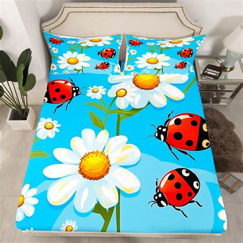 Ladybug Bedding Set Queen Size Red Ladybird Fitted Sheet Reptile Daisy