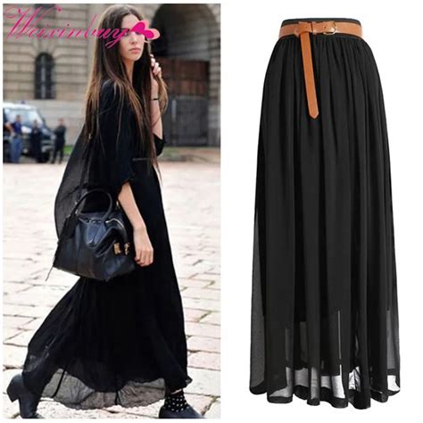 WEIXINBUY Summer Women Chiffon Double Layer Pleated Skirt Long Maxi
