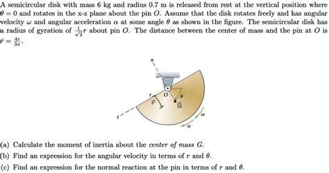 a semicircular disk with mass 6 kg and radius 0 7 m is released from