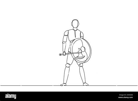 Single Continuous Line Drawing Robots Standing Holding Axe And Shield Modern Robotics