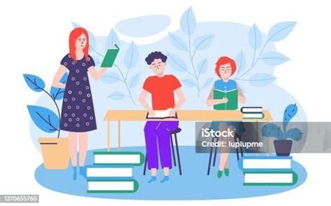 학습 교육 개념 벡터 일러스트레이션 사람 남자 여자 캐릭터는 학교 수업에서 지식을 얻을 여자는 도서관에서 학생을 가르칩니다 개념에 대한 스톡 벡터 아트 및 기타 이미지