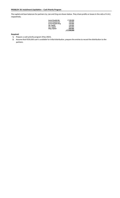 Problem 30 Cash Priority Program Installment Liquidation Financial Accounting And Reporting