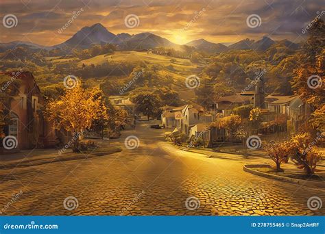Golden Sunset Over Peaceful Old Town With Cobble Stone Path Created