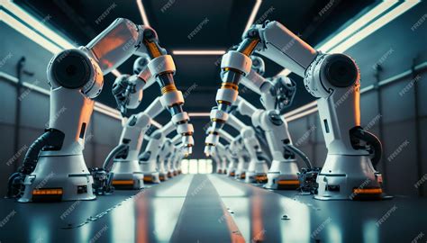 Premium Ai Image Futuristic Factory Automation Robots In Synchronized