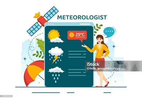 기상학자 벡터 일러스트레이션은 일기 예보와 대기 강수량 지도가 있는 평면 만화 손으로 그린 랜딩 페이지 템플릿에 있습니다 감시에 대한 스톡 벡터 아트 및 기타 이미지