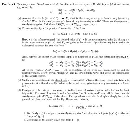 Solved Problem 1 Open Loop Versus Closed Loop Control Chegg