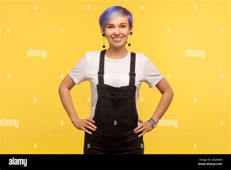 Portrait O F Cheerful Attractive Hipster Girl With Violet Short Hair In