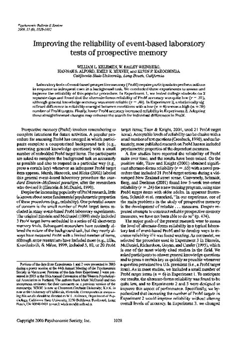 Pdf Improving The Reliability Of Event Based Laboratory Tests Of Prospective Memory Hannah