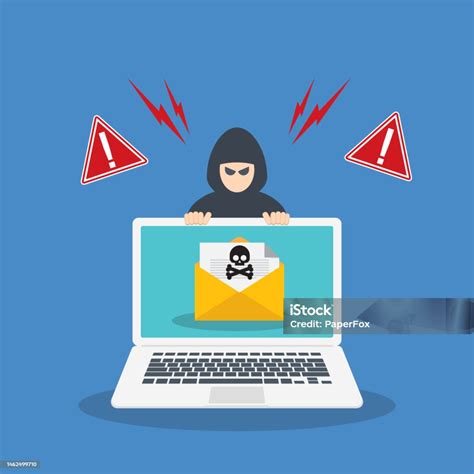 Hacker Warning On Laptop Emergency Alert Of Threat By Hacker Malware Email With Skull And