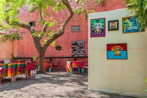 Courtyard Outdoor Seating At A Restaurant Bar In Loreto Editorial Stock