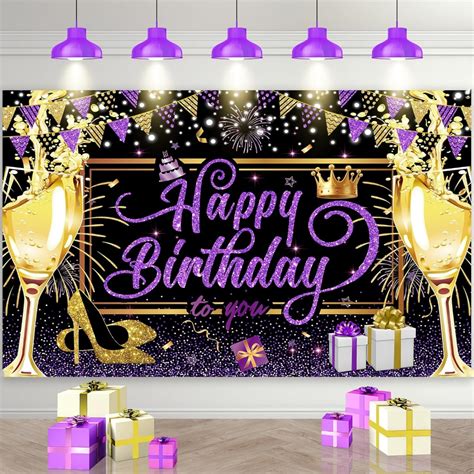 Purple Black Gold Happy Birthday Photography Backdrop Purple And Black