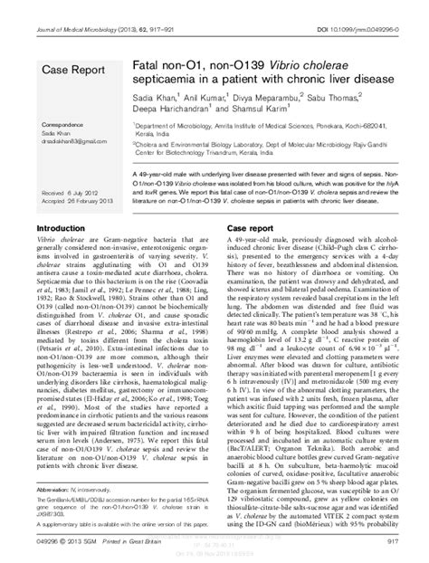 Pdf Fatal Non O1 Non O139 Vibrio Cholerae Septicaemia In A Patient