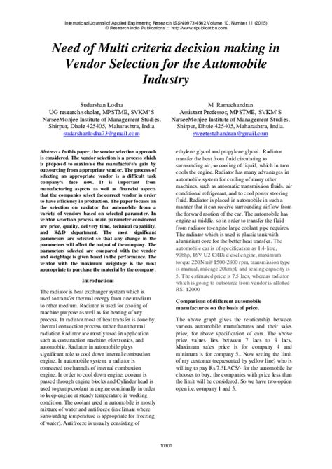 Pdf Need Of Multi Criteria Decision Making In Vendor Selection For The Automobile Industry