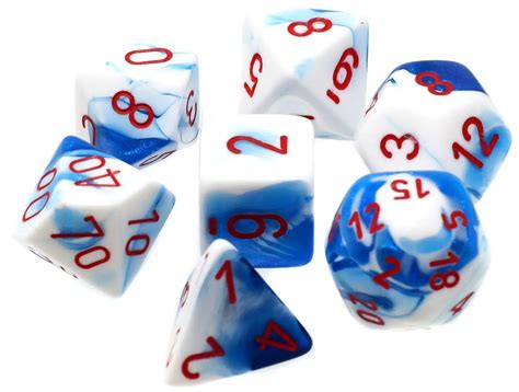 Chessex Gemini Atral Blue White With Red Numbers Polyhedral 7 Die Dice