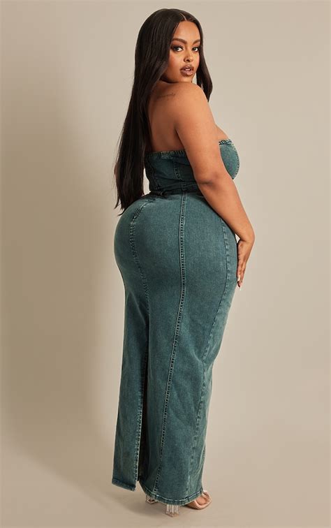 Plus Vintage Wash Seam Detail Denim Maxi Dress Plus Size