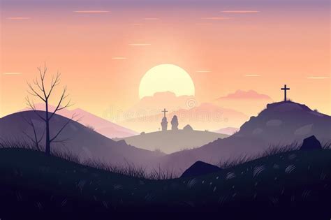 Vector Landscape On Religious Theme Easter Illustration With Mount