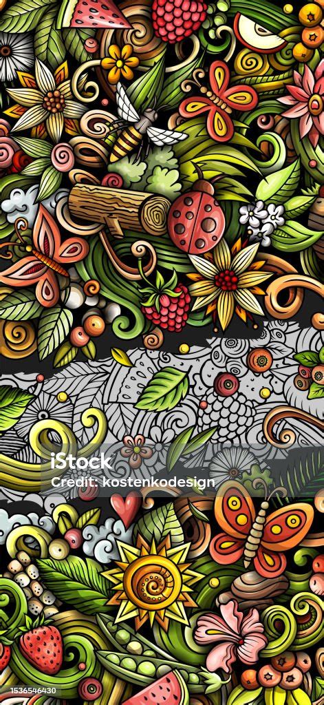 여름 자연 손으로 그린 낙서 배너 만화 벡터 상세한 전단지 3차원 형태에 대한 스톡 벡터 아트 및 기타 이미지 3차원 형태