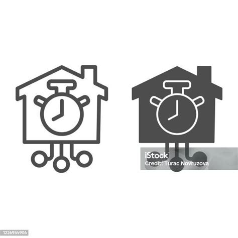 집과 연결 라인과 솔리드 아이콘 스마트 하우스 개념 흰색 배경에 빠른 홈 기술 기호 모바일 및 웹 디자인을위한 개요 스타일의 홈 타임 기호가있는 스톱워치 벡터 벽 시계에