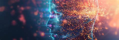 Abstract Digital Human Profile With Glowing Neural Network And Particles Futuristic Background