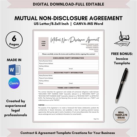 Mutual Non Disclosure Agreement Template Diy Editable Nda Digital
