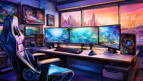 An Artistic Illustration Of A Computer Setup With Multiple Monitors A Gaming Chair And