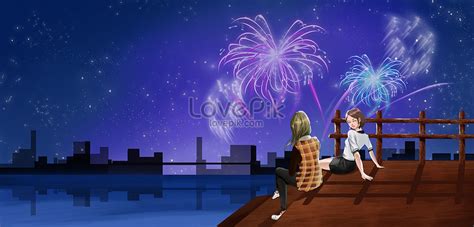 불꽃놀이를 보는 소녀 일러스트 무료 다운로드 Lovepik