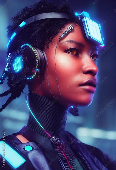A Realistic Portrait Of A Ebony Girl Wearing A Cyberpunk Headset And Cyberpunk Gear High Tech