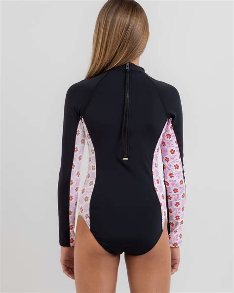 Shop Topanga Girls Nalani Long Sleeve Surfsuit In Blackmulti Fast