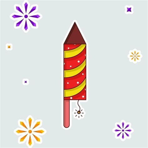 Isolated Sticker Of Flying Rocket Firecracker With Fireworks Grey