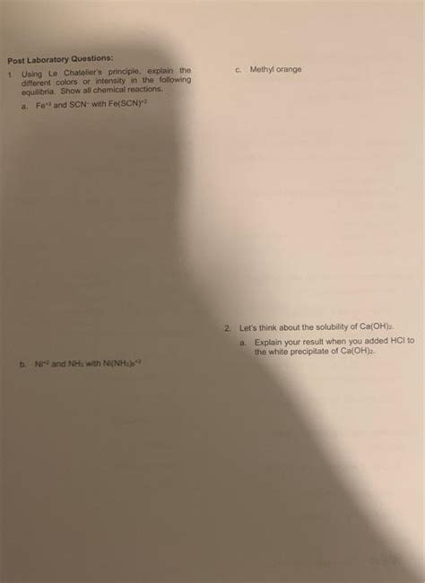 Solved Post Laboratory Questions 1 Using Le Chateliers