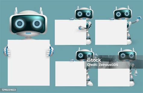 로봇 프리젠 테이션 문자 벡터 세트입니다 현대 로봇 포스트와 제스처 컬렉션 디자인으로 화이트 보드 요소를 제시하고 들고 있는