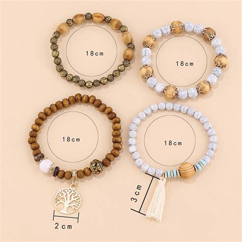 Set 4 Bratari Dama Cu Stil Si Boeme Copac Ciucure Din Rasina Alb Cu Maro Si Auriu Elastica