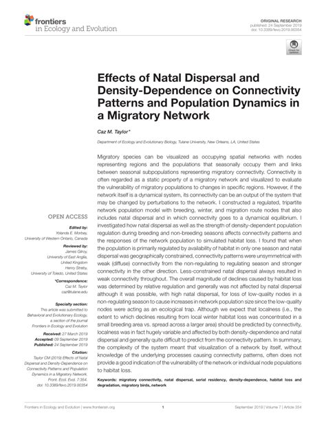 Pdf Effects Of Natal Dispersal And Density Dependence On Connectivity