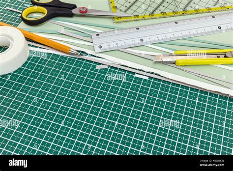 School And Office Stationery On Cutting Mat Cutter Pencil Ruler
