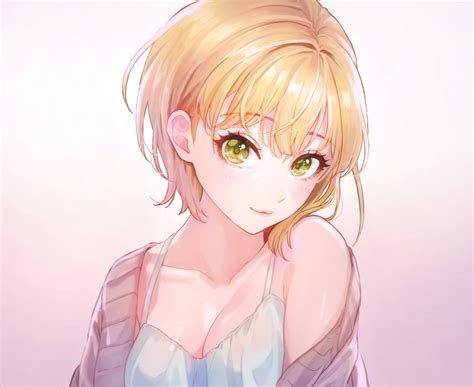 Blonde Hair Breasts Cleavage Close Gradient Green Eyes Idolmaster