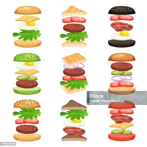 햄버거와 샌드위치 재료를 비행의 집합입니다 맛 있는 패스트 음식 맛 있는 간식 모바일 애플 리 케이 션 또는 카페 메뉴에 대 한 평면 벡터 디자인 0명에 대한 스톡 벡터