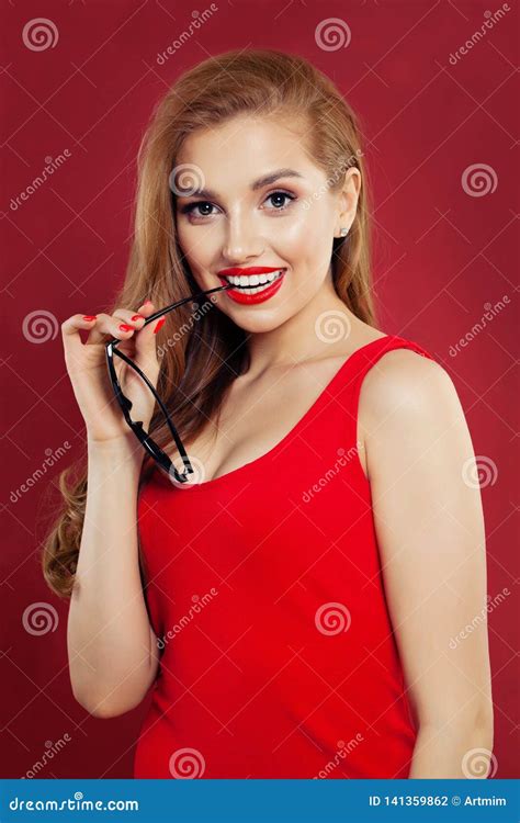 Happy Beautiful Cute Cheerful Girl Holding Sunglasses Smiling And