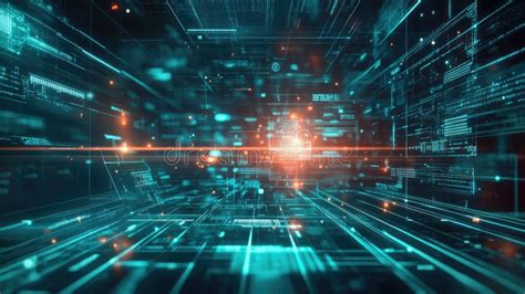 Vibrant Digital Tunnel Filled Glowing Blue Orange Data Streams Stock