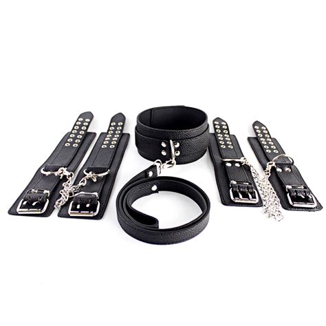 Leather Bondage Restraints Handcuffs Shackle Neck Slave Collar With