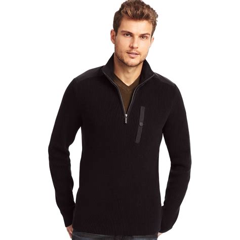 Kenneth Cole Long Sleeve Half Zipper Mock Neck Sweater In Black For Men