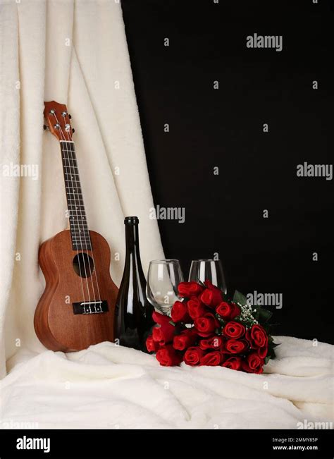 Valentines Day Background With Red Hearts Red Roses Wine Bottle On