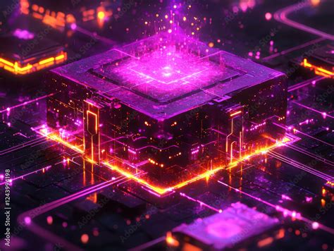 Futuristic Quantum Computer Visualizing Shors Algorithm With Glowing