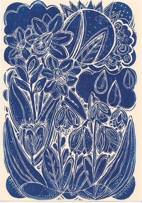 Spring Flowers Linocut Print A4 Blue Original Lino Art Etsy