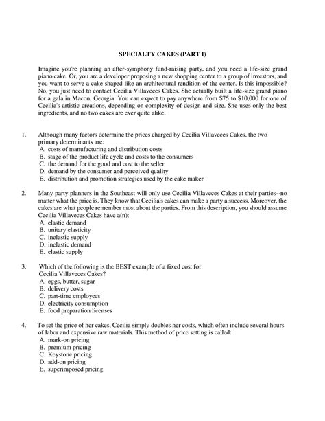 Pricing Assignment 1 Specialty Cakes Part I Imagine Youre Planning